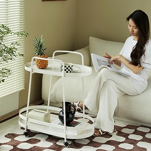 VLOBAOM Rolling Serving Bar Cart, Metal Oval Coffee Table Sofa Small Side Table, Utility Trolley for Home Decoration,27''Dx18''Wx29''H,White