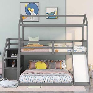 KoiHome Twin Over Full House Bunk Bed with Convertible Slide & Storage Staircase, Wood Bed Frame with Slat Support & Full Length Guardrail for Kids,Teens Bedroom, No Box Spring Needed, Gray