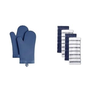 kitchenaid ribbed soft silicone oven mitt set, blue willow 2 count & albany kitchen towel 4-pack set, cotton, blue willow/white, 16"x26"