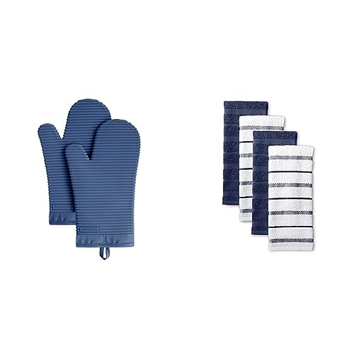 KitchenAid Ribbed Soft Silicone Oven Mitt Set, Blue Willow 2 Count & Albany Kitchen Towel 4-Pack Set, Cotton, Blue Willow/White, 16"x26"