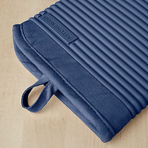 KitchenAid Ribbed Soft Silicone Oven Mitt Set, Blue Willow 2 Count & Albany Kitchen Towel 4-Pack Set, Cotton, Blue Willow/White, 16"x26"