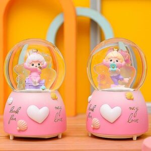 Snow Globe for Girls, 80mm Cute Seabed Figurine Snow Globe Music Box with Color Changing LED Lighs and Automatic Snowflakes, Christmas Birthday Gifts for Kids Girls Granddaughters (183-A)