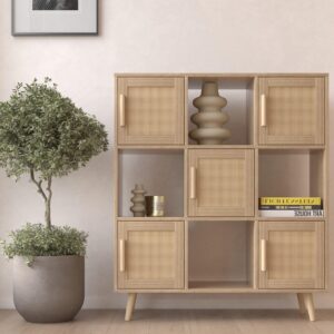 TROONZ 9 Cube Bookshelf Freestanding Bookcase，Modern Cube Storage Organizer 4 Open Cubes and 5 Rattan Cabinets, Multipurpose Display Case Shelf for Living Room Study Home Office (Natural)