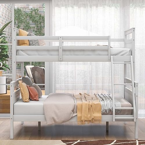 Heliosphere Twin Over Full Bunk Bed, Wooden Bunk Bed Frame with Safety Guard Rail & Ladder, Space-Saving Design/Noise Free for Teens Adults Bedroom, No Box Spring Needed (White)