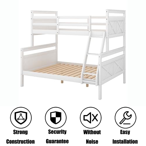 Heliosphere Twin Over Full Bunk Bed, Wooden Bunk Bed Frame with Safety Guard Rail & Ladder, Space-Saving Design/Noise Free for Teens Adults Bedroom, No Box Spring Needed (White)