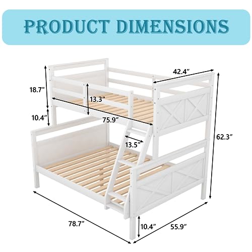 Heliosphere Twin Over Full Bunk Bed, Wooden Bunk Bed Frame with Safety Guard Rail & Ladder, Space-Saving Design/Noise Free for Teens Adults Bedroom, No Box Spring Needed (White)