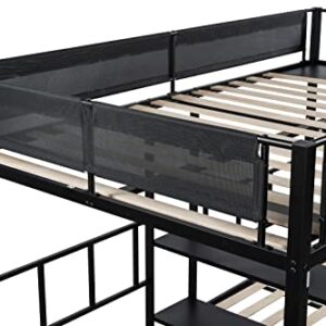 Goohome Full Over Twin and Twin Size Triple Bunk Bed with 4 Shelves, Heavy-Duty Steel Triple Bunk Beds Frame W/Safety Guardrail, Built-in Wood Slat and Ladder, for Kids, Teens, Adults