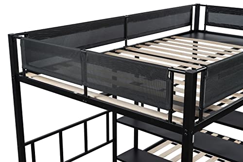 Goohome Full Over Twin and Twin Size Triple Bunk Bed with 4 Shelves, Heavy-Duty Steel Triple Bunk Beds Frame W/Safety Guardrail, Built-in Wood Slat and Ladder, for Kids, Teens, Adults