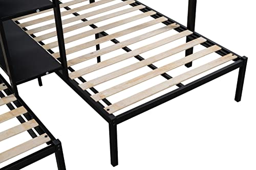 Goohome Full Over Twin and Twin Size Triple Bunk Bed with 4 Shelves, Heavy-Duty Steel Triple Bunk Beds Frame W/Safety Guardrail, Built-in Wood Slat and Ladder, for Kids, Teens, Adults