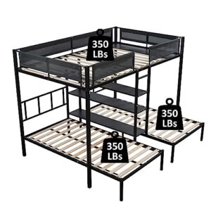 Goohome Full Over Twin and Twin Size Triple Bunk Bed with 4 Shelves, Heavy-Duty Steel Triple Bunk Beds Frame W/Safety Guardrail, Built-in Wood Slat and Ladder, for Kids, Teens, Adults