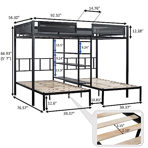 Goohome Full Over Twin and Twin Size Triple Bunk Bed with 4 Shelves, Heavy-Duty Steel Triple Bunk Beds Frame W/Safety Guardrail, Built-in Wood Slat and Ladder, for Kids, Teens, Adults