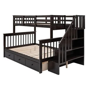 TARTOP Twin Over Full Bunk Bed with Drawer, Wood Bedfram w/Storage Stairway and Guard Rail for Bedroom, Dorm, Adults, No Box Spring Needed,Espresso