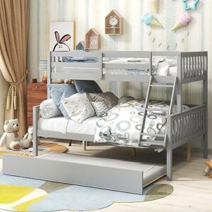 zaboro twin over full bunk bed with trundle, convertible into 2 beds, pine wood 3 in 1 bunk bed frame with ladder and safety guardrails for children, teens, adults, no box spring needed, gray