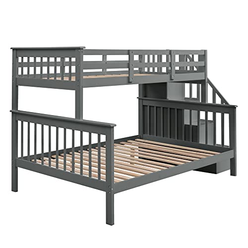 TARTOP Twin Over Full Bunk Bed with Trundle, Solid Wood Bunk Bed Frame with Stairway, Storage & Guard Rail for Bedroom Dorm (Twin/Full with Trundle,Gray