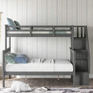 TARTOP Twin Over Full Bunk Bed with Trundle, Solid Wood Bunk Bed Frame with Stairway, Storage & Guard Rail for Bedroom Dorm (Twin/Full with Trundle,Gray