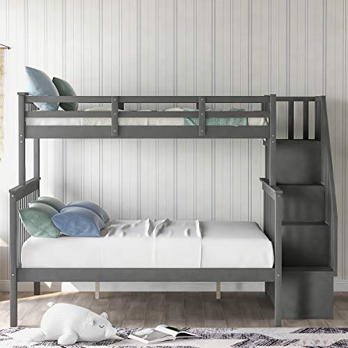 TARTOP Twin Over Full Bunk Bed with Trundle, Solid Wood Bunk Bed Frame with Stairway, Storage & Guard Rail for Bedroom Dorm (Twin/Full with Trundle,Gray