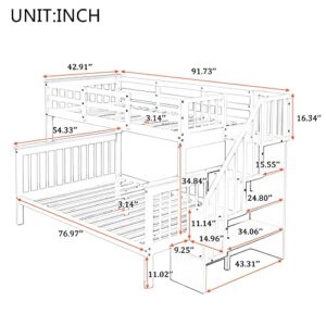 TARTOP Twin Over Full Bunk Bed with Trundle, Solid Wood Bunk Bed Frame with Stairway, Storage & Guard Rail for Bedroom Dorm (Twin/Full with Trundle,Gray