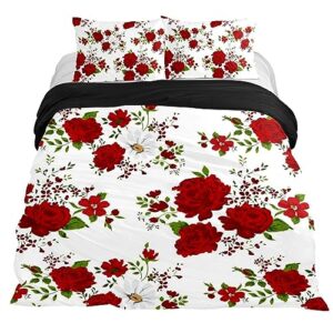 vapokf duvet covers set full size soft and breathable microfiber comforter bedding set 1 duvet cover 2 pillowcase with zipper closure for kids women men, red spring flowers