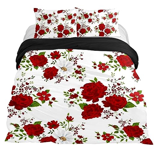 VAPOKF Duvet Covers Set Full Size Soft and Breathable Microfiber Comforter Bedding Set 1 Duvet Cover 2 Pillowcase with Zipper Closure for Kids Women Men, Red Spring Flowers