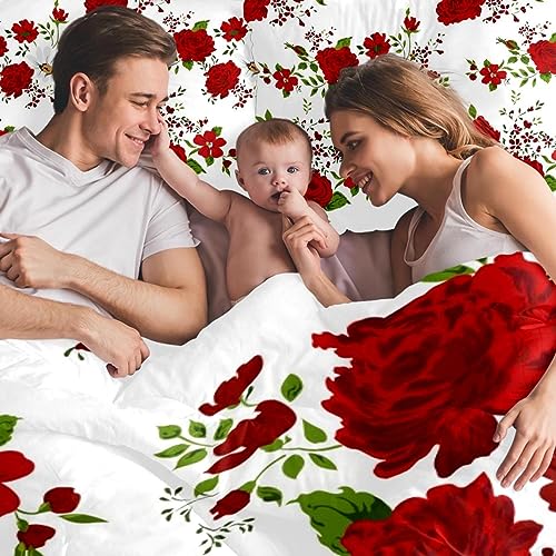 VAPOKF Duvet Covers Set Full Size Soft and Breathable Microfiber Comforter Bedding Set 1 Duvet Cover 2 Pillowcase with Zipper Closure for Kids Women Men, Red Spring Flowers