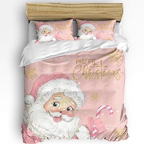 LBHAUSE 3 Piece Bedding Set Comforter/Quilt Cover Set Twin Size, Merry Christmas Duvet Cover Set with 2 Pillow Shams for Teens/Adults/Toddler Santa Claus Candy Snowflake Pink