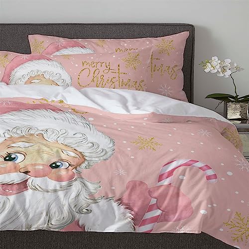 LBHAUSE 3 Piece Bedding Set Comforter/Quilt Cover Set Twin Size, Merry Christmas Duvet Cover Set with 2 Pillow Shams for Teens/Adults/Toddler Santa Claus Candy Snowflake Pink