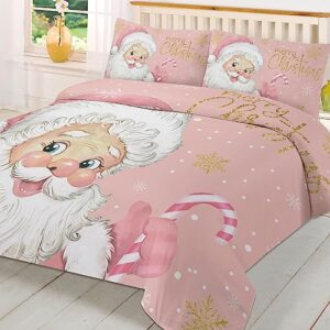 LBHAUSE 3 Piece Bedding Set Comforter/Quilt Cover Set Twin Size, Merry Christmas Duvet Cover Set with 2 Pillow Shams for Teens/Adults/Toddler Santa Claus Candy Snowflake Pink