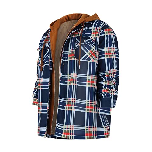 RTRDE Jackets For Men, Men's Quilted Lined Plaid Shirt Jackets With Hood Zipper Coats Outwear Shirt Men Shacket Heavyweight Shirt Jacket Tall Jackets Chamarra Para Hombre El Frio Fleece (XL, Navy)