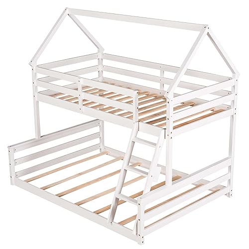 OTRIEK Bunk Bed Twin Over Full, House Bunk Bed with Full-Length Guardrail & Built-in Ladder for Boys Girls Bedroom, House Bed Design/No Box Spring Needed, Can Be Divided into 2 Separate Beds (White)