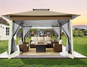 hoteel gazebos 12x12 gazebo with mosquito netting pop up gazebo base 10x10 patio gazebo canopy with mosquito net screened gazebo with vented top,storage bag and 4 weights for backyard(khaki)