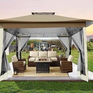 HOTEEL Gazebos 12x12 Gazebo with Mosquito Netting Pop Up Gazebo Base 10x10 Patio Gazebo Canopy with Mosquito Net Screened Gazebo with Vented Top,Storage Bag and 4 Weights for Backyard(Khaki)