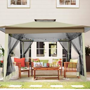 HOTEEL Gazebos 12x12 Gazebo with Mosquito Netting Pop Up Gazebo Base 10x10 Patio Gazebo Canopy with Mosquito Net Screened Gazebo with Vented Top,Storage Bag and 4 Weights for Backyard(Khaki)