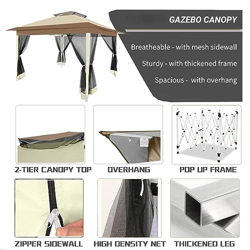 HOTEEL Gazebos 12x12 Gazebo with Mosquito Netting Pop Up Gazebo Base 10x10 Patio Gazebo Canopy with Mosquito Net Screened Gazebo with Vented Top,Storage Bag and 4 Weights for Backyard(Khaki)