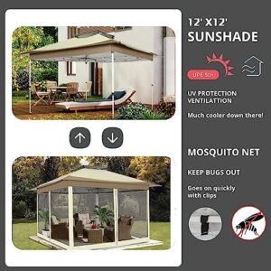 HOTEEL Gazebos 12x12 Gazebo with Mosquito Netting Pop Up Gazebo Base 10x10 Patio Gazebo Canopy with Mosquito Net Screened Gazebo with Vented Top,Storage Bag and 4 Weights for Backyard(Khaki)