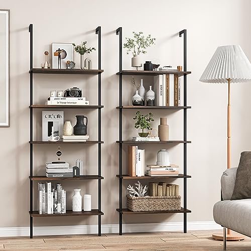 Tangkula 5-Tier Bookshelf, Modern Wall Mounted Ladder Shelf, 5 Tiers Wood Wall Open Bookcase with Metal Frame, Home Office Display Rack Storage Shelves for Collection, Plant Flower Stand (2, Brown)