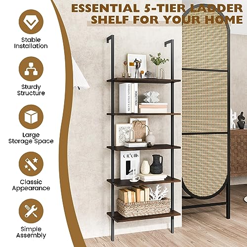 Tangkula 5-Tier Bookshelf, Modern Wall Mounted Ladder Shelf, 5 Tiers Wood Wall Open Bookcase with Metal Frame, Home Office Display Rack Storage Shelves for Collection, Plant Flower Stand (2, Brown)