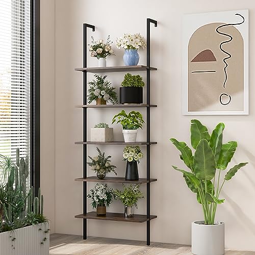 Tangkula 5-Tier Bookshelf, Modern Wall Mounted Ladder Shelf, 5 Tiers Wood Wall Open Bookcase with Metal Frame, Home Office Display Rack Storage Shelves for Collection, Plant Flower Stand (2, Brown)