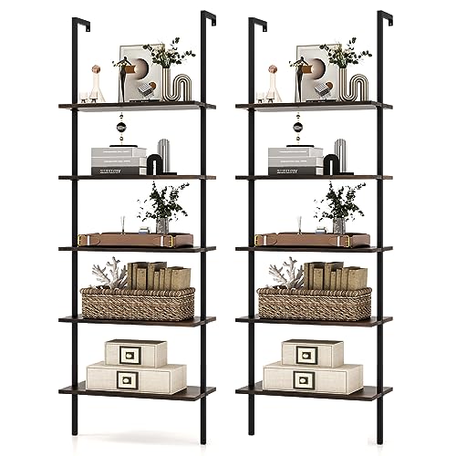 Tangkula 5-Tier Bookshelf, Modern Wall Mounted Ladder Shelf, 5 Tiers Wood Wall Open Bookcase with Metal Frame, Home Office Display Rack Storage Shelves for Collection, Plant Flower Stand (2, Brown)