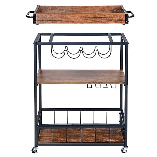 VLOBAOM Home Bar Serving Carts with Removable Wood Tabletop, Rolling Storage Cart with Wine Rack and Cup Holder, Beverage Cart with Wheels,67x40x90cm,Brown