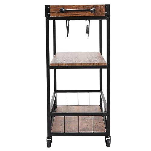 VLOBAOM Home Bar Serving Carts with Removable Wood Tabletop, Rolling Storage Cart with Wine Rack and Cup Holder, Beverage Cart with Wheels,67x40x90cm,Brown