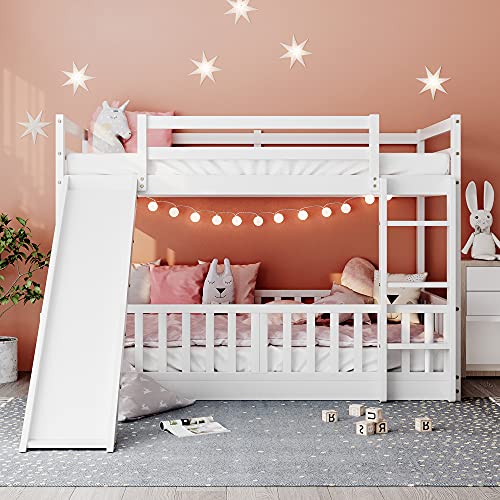 BIADNBZ Wooden Bunk Bed Twin Over Twin with Convertible Slide and Ladder, Low Floor BunkBed Frame w/Both Full-Length Guardrail, for Kids Boys Girls Bedroom, White