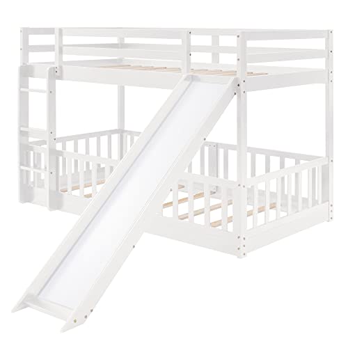 BIADNBZ Wooden Bunk Bed Twin Over Twin with Convertible Slide and Ladder, Low Floor BunkBed Frame w/Both Full-Length Guardrail, for Kids Boys Girls Bedroom, White