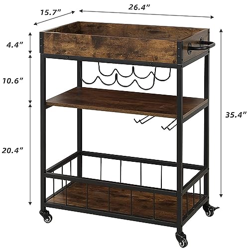 VLOBAOM Home Bar Serving Carts with Removable Wood Tabletop, Rolling Storage Cart with Wine Rack and Cup Holder, Beverage Cart with Wheels,67x40x90cm,Brown