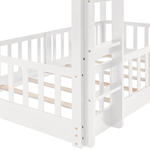 BIADNBZ Wooden Bunk Bed Twin Over Twin with Convertible Slide and Ladder, Low Floor BunkBed Frame w/Both Full-Length Guardrail, for Kids Boys Girls Bedroom, White