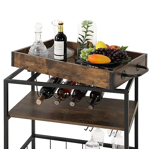 VLOBAOM Home Bar Serving Carts with Removable Wood Tabletop, Rolling Storage Cart with Wine Rack and Cup Holder, Beverage Cart with Wheels,67x40x90cm,Brown