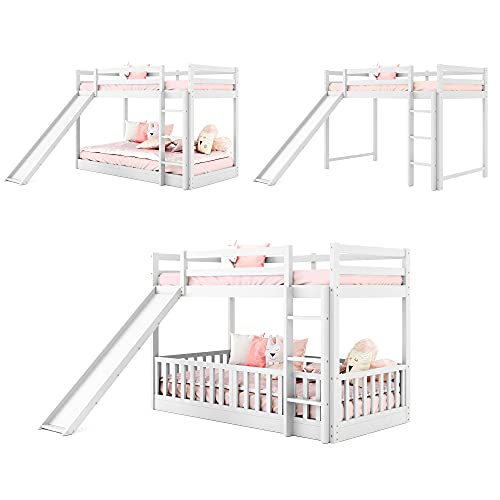 BIADNBZ Wooden Bunk Bed Twin Over Twin with Convertible Slide and Ladder, Low Floor BunkBed Frame w/Both Full-Length Guardrail, for Kids Boys Girls Bedroom, White