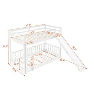 BIADNBZ Wooden Bunk Bed Twin Over Twin with Convertible Slide and Ladder, Low Floor BunkBed Frame w/Both Full-Length Guardrail, for Kids Boys Girls Bedroom, White