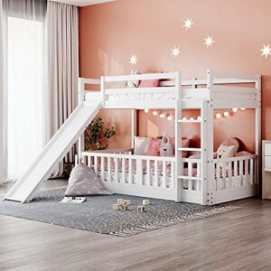 BIADNBZ Wooden Bunk Bed Twin Over Twin with Convertible Slide and Ladder, Low Floor BunkBed Frame w/Both Full-Length Guardrail, for Kids Boys Girls Bedroom, White