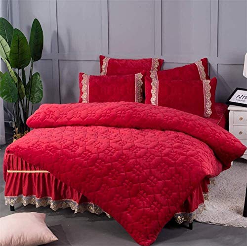 Wrinkle Stain Resistant Four Piece Bed Set Duvet Cover Set Autumn and Winter Duvet Cover Plus Cotton Bedspread to Keep Warm King Size Wine Red Queen Size Sheet Set