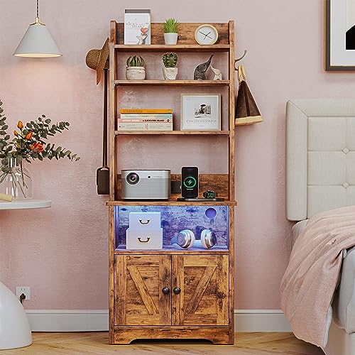 LIKIMIO 55.1" Tall Nightstand with LED Lights and Charging Station, Bedside Table and Bookshelf 2 in 1, End Side Stand with Storage Cabinet, Vintage Brown